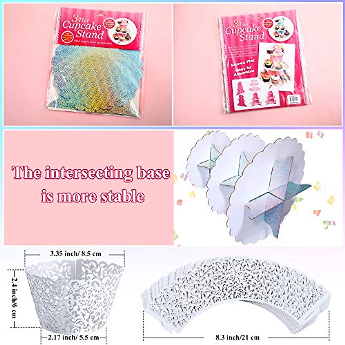 2 Pieces 3-Tier Round Cupcake Stand Rainbow Cardboard Cupcake Stands with 10 Pieces Cupcake Wrappers Dessert Tower Pastry Display Stand Set for Baby Shower Wedding Birthday Party