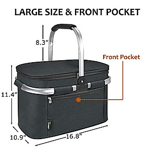 Tirrinia Large Insulated Picnic Basket, 34L Water Resistant & Leakproof Collapsible Portable Cooler Basket Set with Aluminium Handle for Travel, with a Free Foldable Grocery Bag, Black