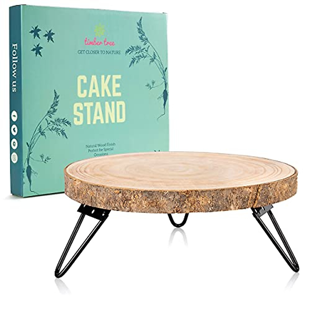 Timber Tree 10 inch Wood Cake Stand for Dessert Table - Round Rustic Cake Holder Tray Wooden Serving Platter Pedestal Centerpiece Decoration with Sturdy Hinged Metal Legs for Wedding Cakes