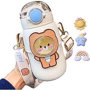 excvalues Kawaii Water Bottle with Straw and Strap, Cute Water Bottles with 3D Stickers, Large Capacity Leak-Proof Bottles for Girls School (White)