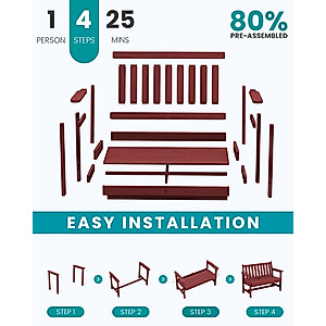 SERWALL Outdoor Bench, HDPE Outdoor Benches Weatherproof, 2-Person Garden Bench with 660 lbs Weight Capacity, Patio Benches for Outdoors, Garden, Porch, Backyard and Park, Red