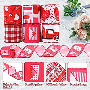 6 Rolls Heart Wired Ribbon 2.5" Valentine's Day Burlap Ribbon Buffalo Plaid Red Pink Heart Truck Love Letter Ribbon for Gift Wrapping Home Wedding Anniversary Decor Bows Wreath Craft, 30 Yards