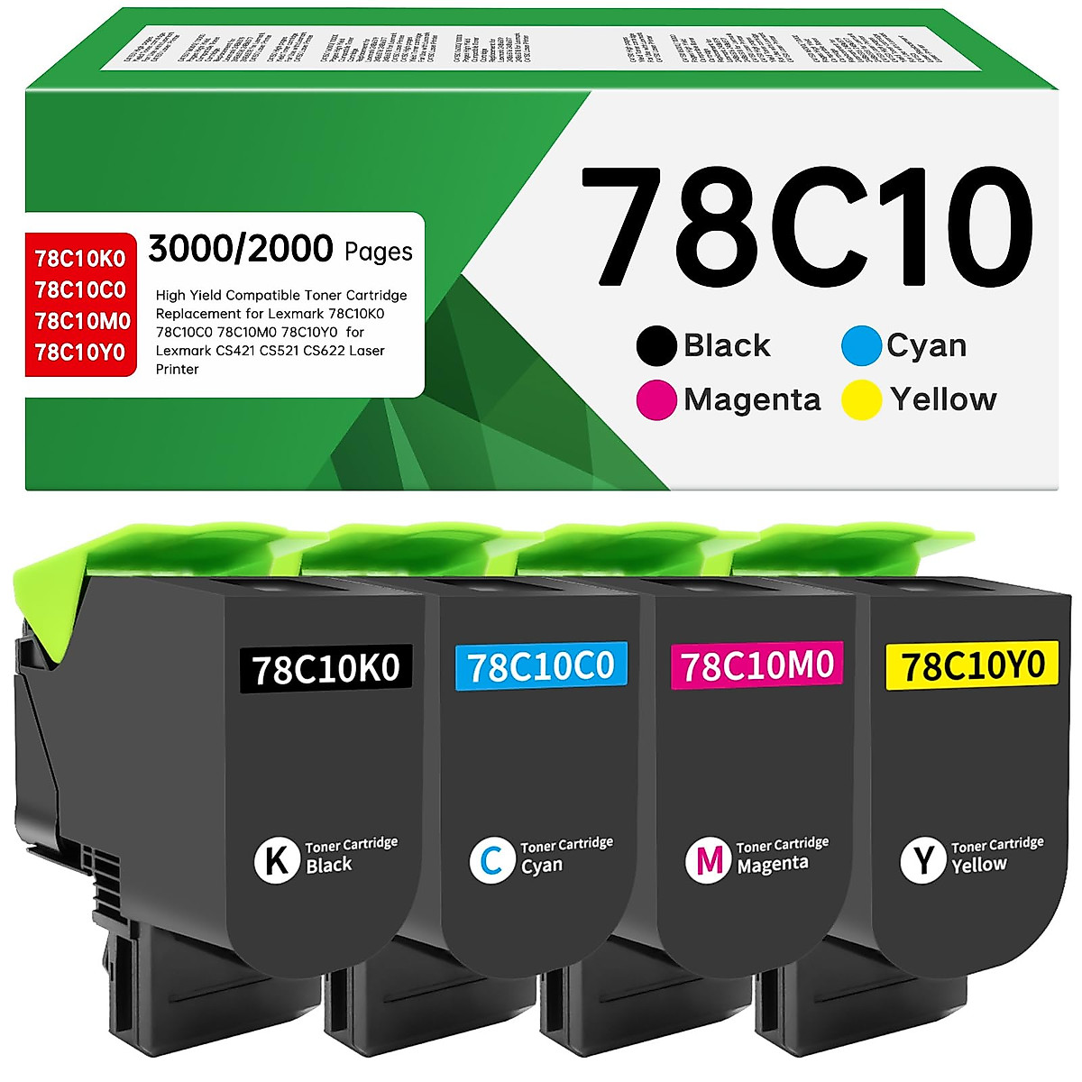 RAKUNI Remanufactured Toner Cartridge Replacement for Lexmark CS421dn CS521dn CS622de CS421 CS521 CS622 CX421 CX522 CX622 CX625 78C10K0 78C10C0 78C10M0 78C10Y0 (4-Pack)