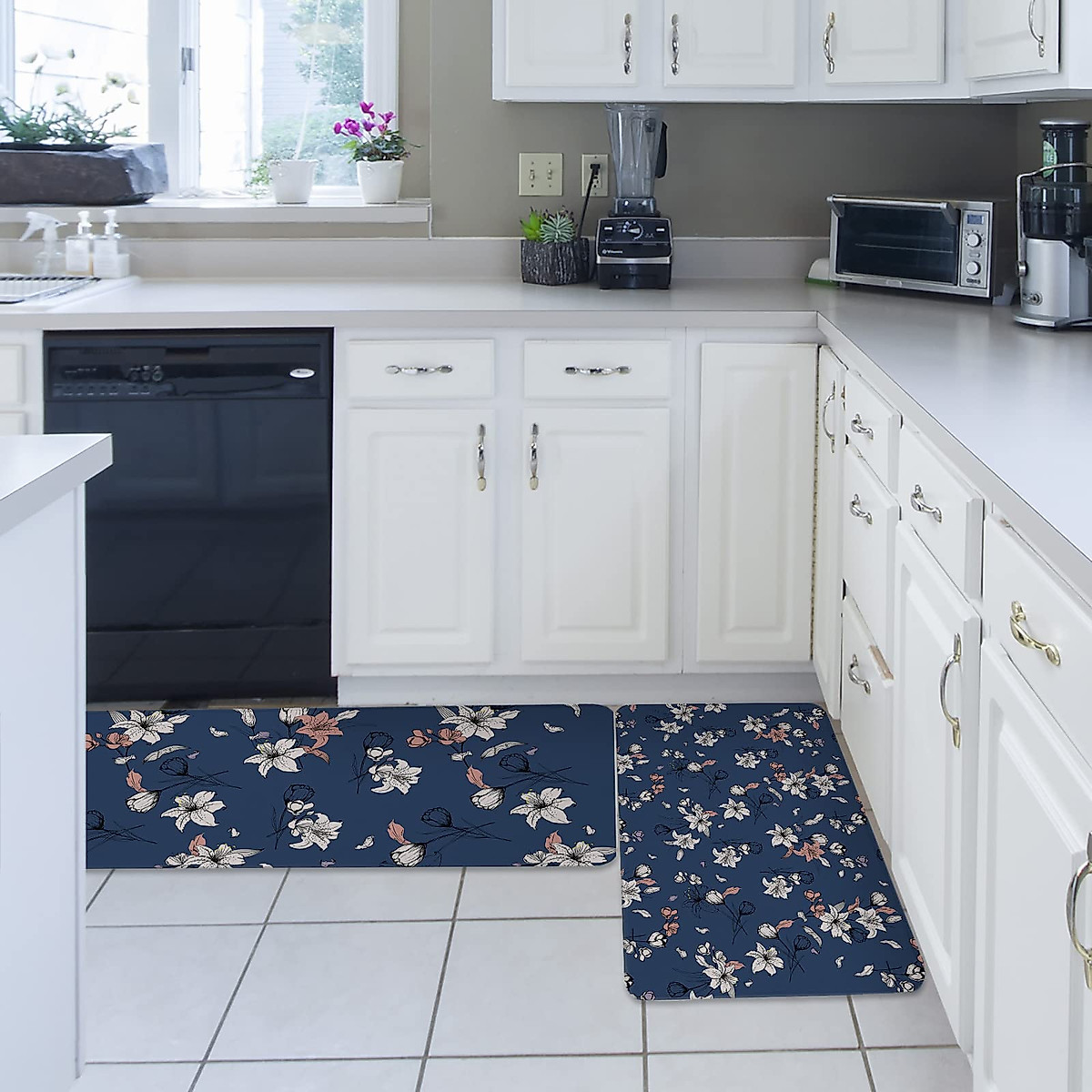 Kitchen Rugs Sets 2 Pces, Vintage Floral Print Elegant Flower Navy Blue Floor Mats Non Skid Door Rugs Runner Rug for Bathroom, Living Room, Laundries, Bedside, Bedroom