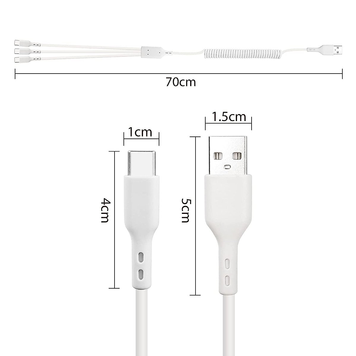 GELRHONR Retractable USB A to USB C Multi Charging Cable,Coiled 5A 3 in 1 Multiple USB C Fast Charging Cord,Compatible with Cell Phones Tablets Android and More （MAX 6.5Ft (White 1 to 3)