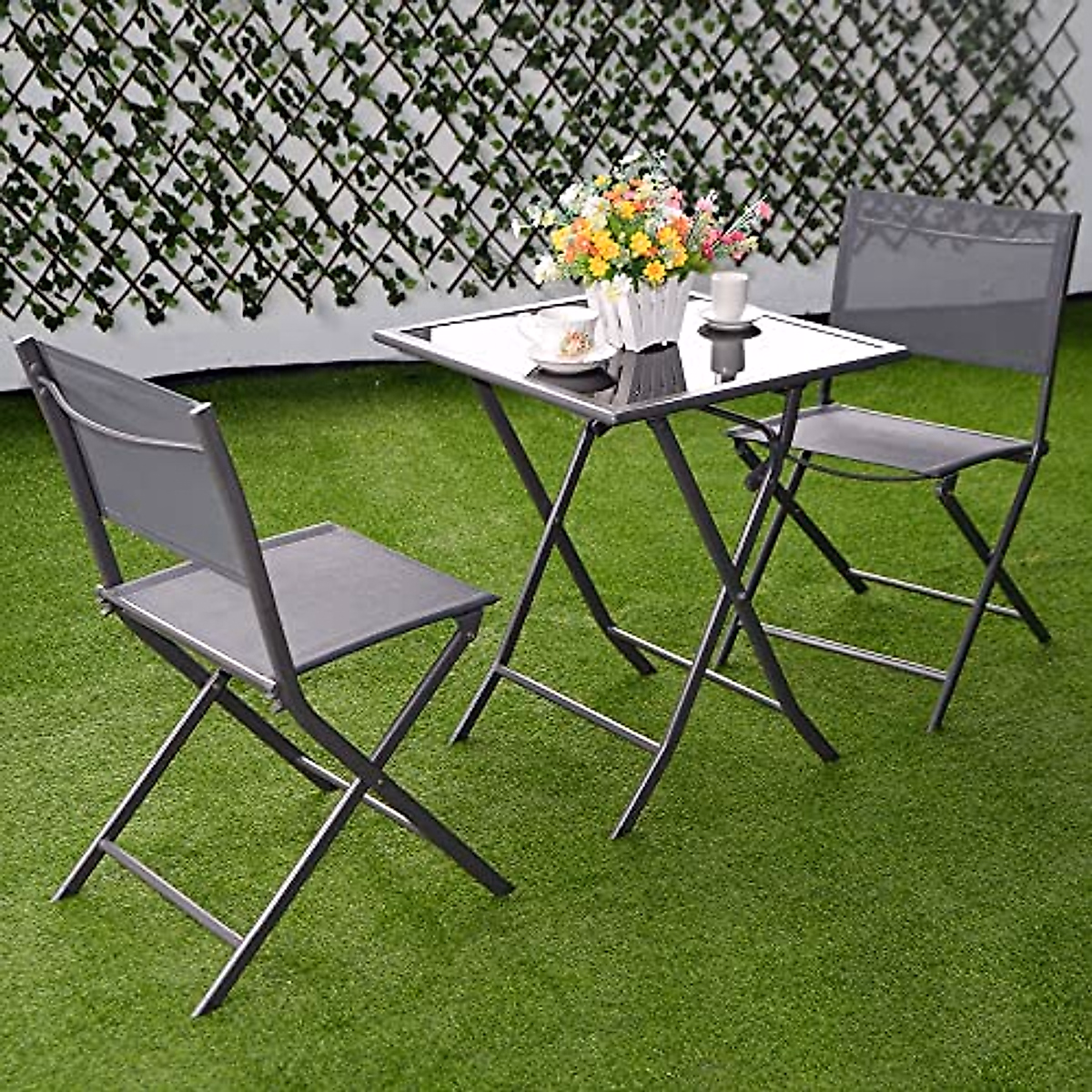 N/A 3 Pcs Bistro Set Garden Backyard Table Chairs Outdoor Patio Furniture Folding Square Table