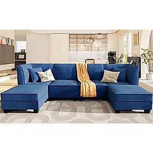 Shintenchi Reversible Modular Sectional Sofa Couch,116" Velvet U-Shaped Sectional Couch Sofa with Ottomans, 6 Pieces Modular Large Sectional Sofa Set for Living Room,Deep Blue