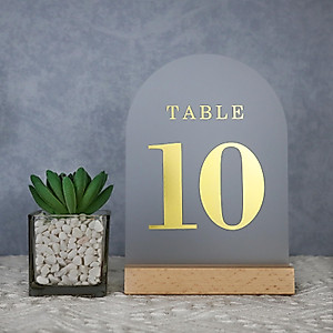 ORGANTEAM Gold Wedding Table Numbers 1-10 with Wooden Stands, Frosted Acrylic Table Numbers for Wedding, 5x7" Arch Table Signs Perfect for Rustic Wedding Restaurant Decoration Party Anniversary Event(Frosted Gold Font, Table Number 1-10)