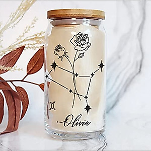 callie Personalized Name Zodiac and Birth Flower Can Tumbler Glass with Bamboo Lids 20oz for Gifts,Glass Can Cups for Iced Coffee, Soda, Bubble, Juicing, Smoothies, Milk.