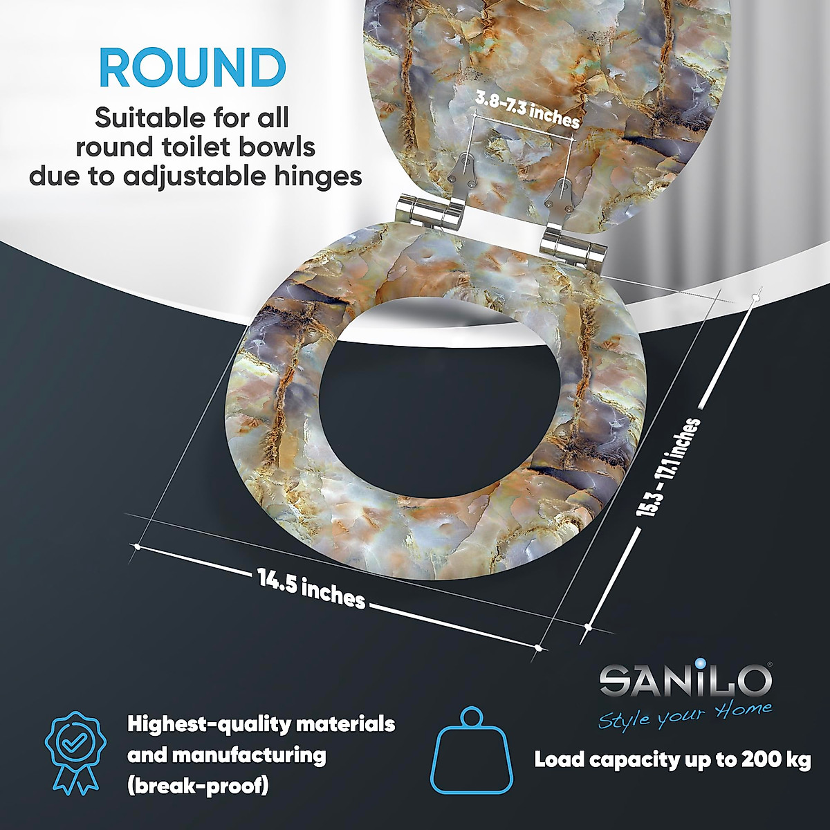 Sanilo Soft Close Toilet Seat ROUND, Quiet and Slow Close Lid and Seat, Strong Bumpers and Hinges, Marble Brown