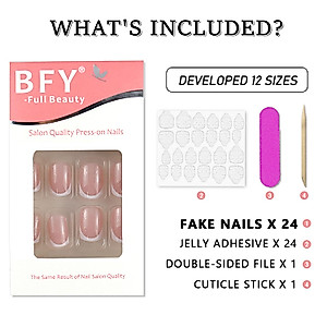 BFY French Press on Nails Short Square Fake Nails, Classic White French Tip Acrylic Nails, Glitter Nude Glossy Gel False Nails Kits Salon Quality Stick Glue on Nails Tip 24 Pcs