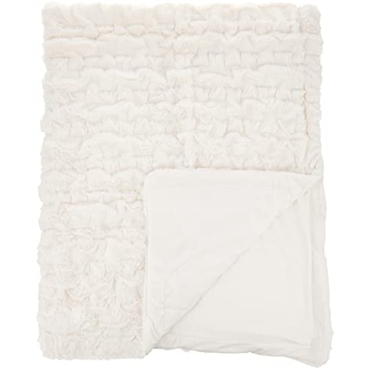 Comfort Spaces Ruched Faux Fur Plush 3 Piece Throw Blanket Set Ultra Soft Fluffy with 2 Square Pillow Covers, 50"x60", Ivory