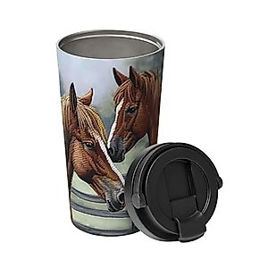 GTKSYNVE Reusable Coffee Mug with Lid and Handle, Animals Embroidery Paintings Horses Tumbler for Hot & Cold Drinks 16oz Stainless Steel Insulated Coffee Tumblers Double Wall Vacuum Thermal Cup