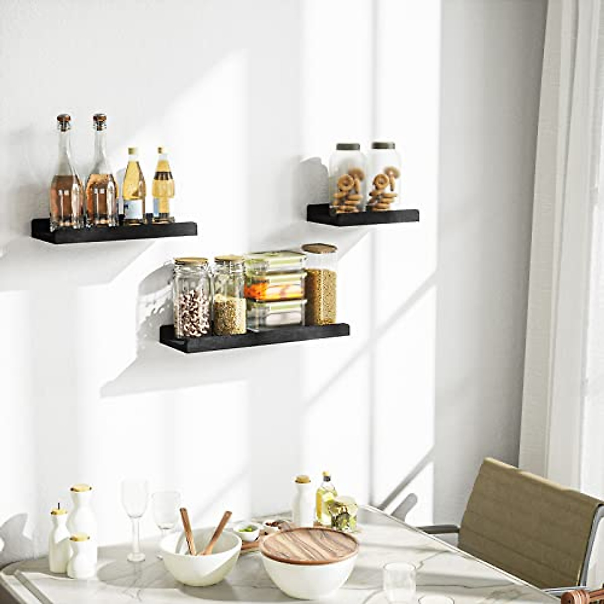 Alsonerbay Black Floating Shelves, Floating Shelves Wood for Wall Storage, Wall Shelf for Bedroom, Living Room, Bathroom, Kitchen, Office and More, Set of 3