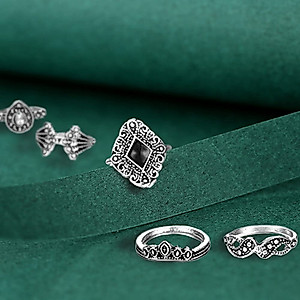 Hithop 15pcs Vintage Women Mid Ring Set Flower Crown Rhinestone Joint Knuckle Nail Ring Set