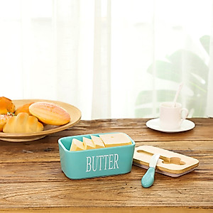 YCOCO Large Butter Dish with Lid,Ceramic Butter Container With Airtight Cover,Butter Keeper Double Silicone Seals with Knife for kitchen,Holds 2 Standard Stick,Green