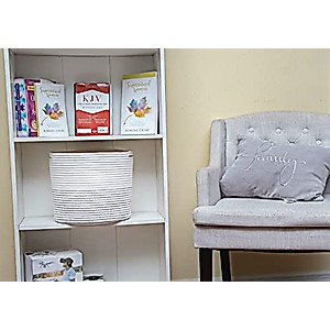 Lorfa Cotton Rope Storage Basket - Woven Laundry Baskets for Blanket, Baby Toy Storage Basket with Hidden Handle, Nursery Basket, 12 By 11 inch (12X11 inch , Grey Line)