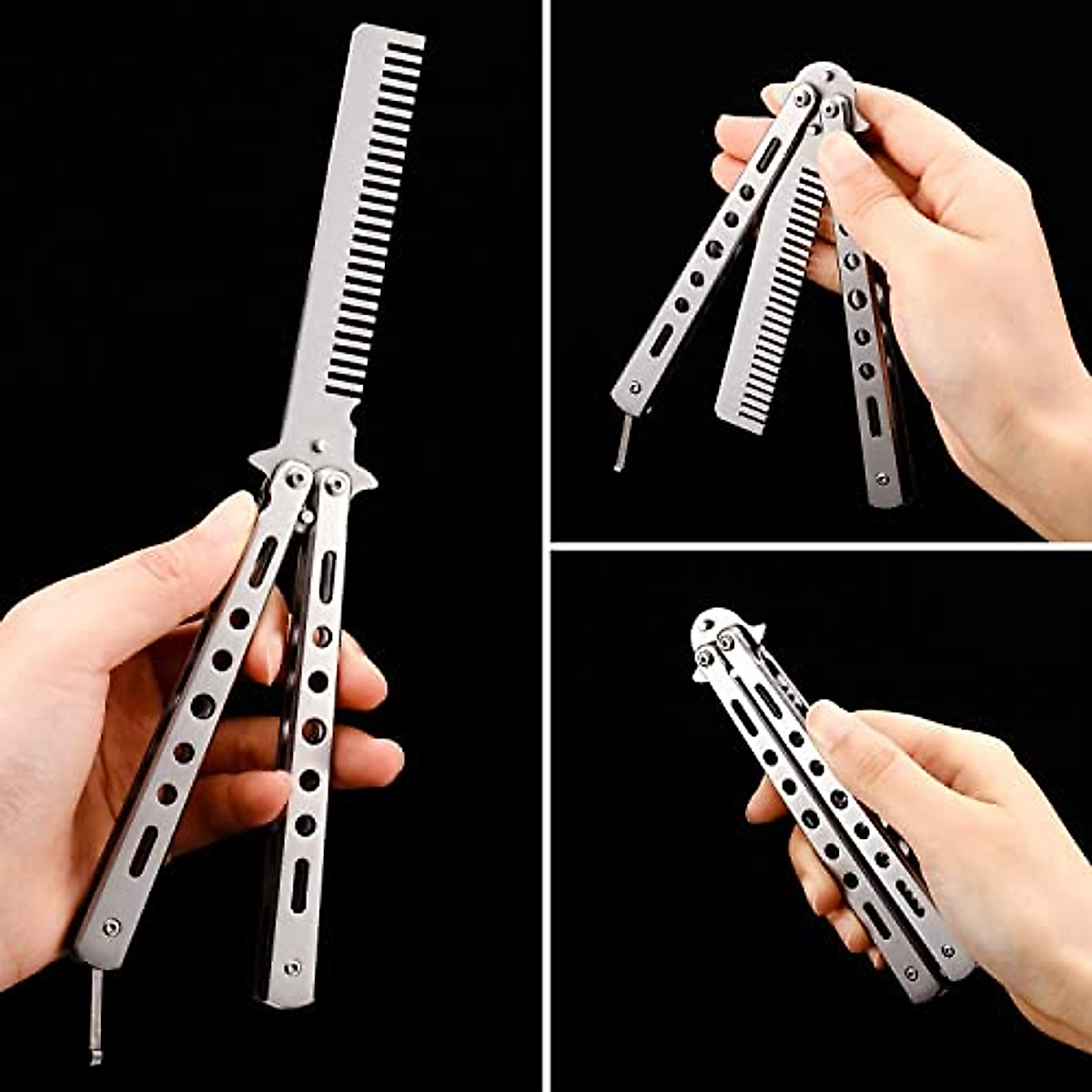 2 Pieces Butterfly Combs Stainless Steel Folding Training Practice Combs Hair Styling Tools for Sport Outdoor Use (Black, Silver)