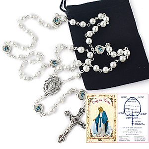 HanlinCC Glass Pearl Beads with Miraculous Epoxy Heart Metal Beads Rosary Necklace pack in Velvet Gift Bag with Rosary Pray Card (White)