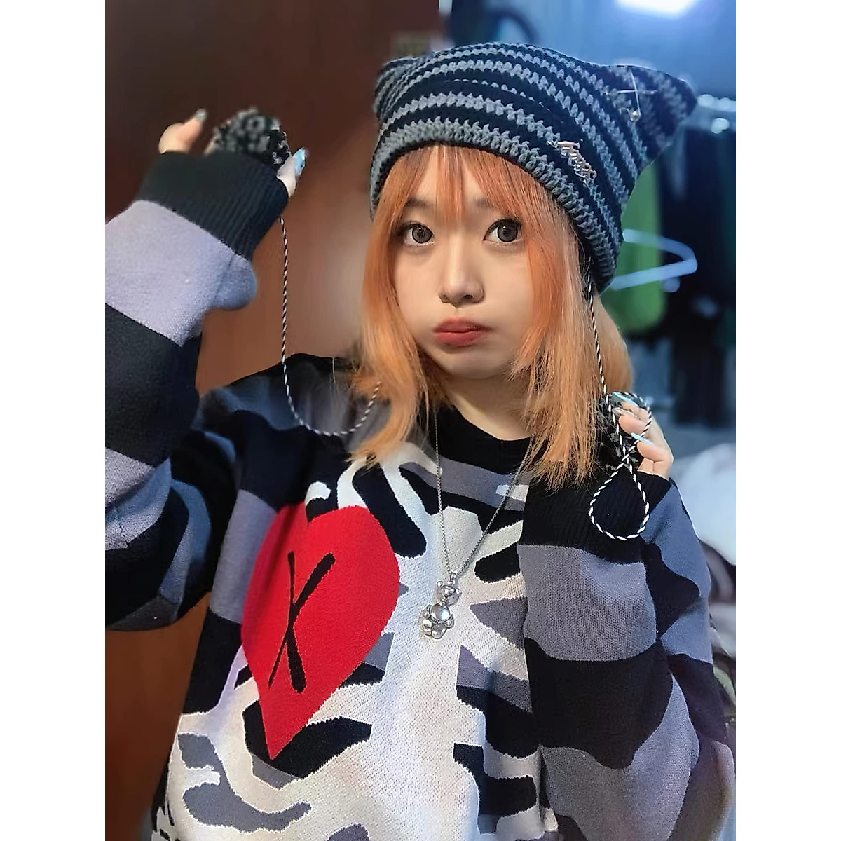 Crochet Hats for Women Vintage Fox Hat Grunge Goth Beanies Y2K Accessories Slouchy Beanies (Grey Black)