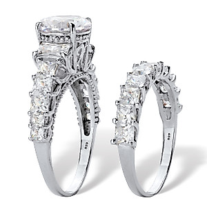 PalmBeach 18k Gold-Plated or Platinum-Plated Sterling Silver Round Cubic Zirconia Two Tone 2 Piece Bridal Ring Set Size 8