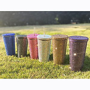 Studded Bling Diamond Tumbler Glitter Water Bottle with Lid Stainless Steel Vacuum Thermal Straw Tumbler Rhinestone Tumbler with 1pc Straw 2pcs Brushes for Girls Women (500ml-silver)