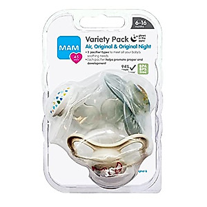 MAM Variety Pack Baby Pacifier, Includes 3 Types of Pacifiers, Nipple Shape Helps Promote Healthy Oral Development, 6-16 Months, Unisex, 3 Count (Pack of 1)