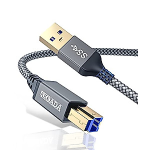 USB A to USB B 3.0 Cable (10FT), AkoaDa Durable Nylon Braided Type A to B Male Cable Compatible with Printers, Monitor, Docking Station, External Hard Drivers, Scanner, USB Hub and More Devices(Grey)