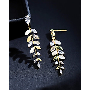 14K Gold Plated Olive Branch Leaf Cubic Zironia Cat Eye Dangle Earrings