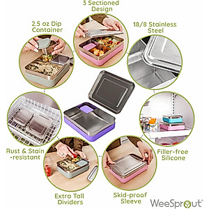 WeeSprout 18/8 Stainless Steel Bento Box (Large) - 3 Compartment Metal Lunch Box, Skid-proof Silicone, for Kids & Adults, Bonus Dip Container, Fits in Lunch & Work Bags, Dishwasher & Freezer Friendly