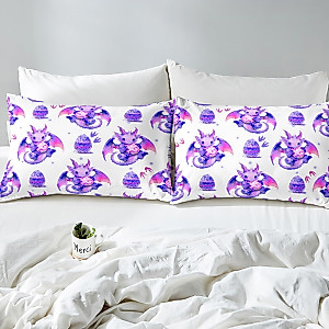 Feelyou Cartoon Dragon Bedding Set Twin Size Kids Dragon Egg Print Comforter Cover Set for Boys Girls Wild Animal Duvet Cover 3D Dragon Purple Bedspread Cover Room Decor Quilt Cover