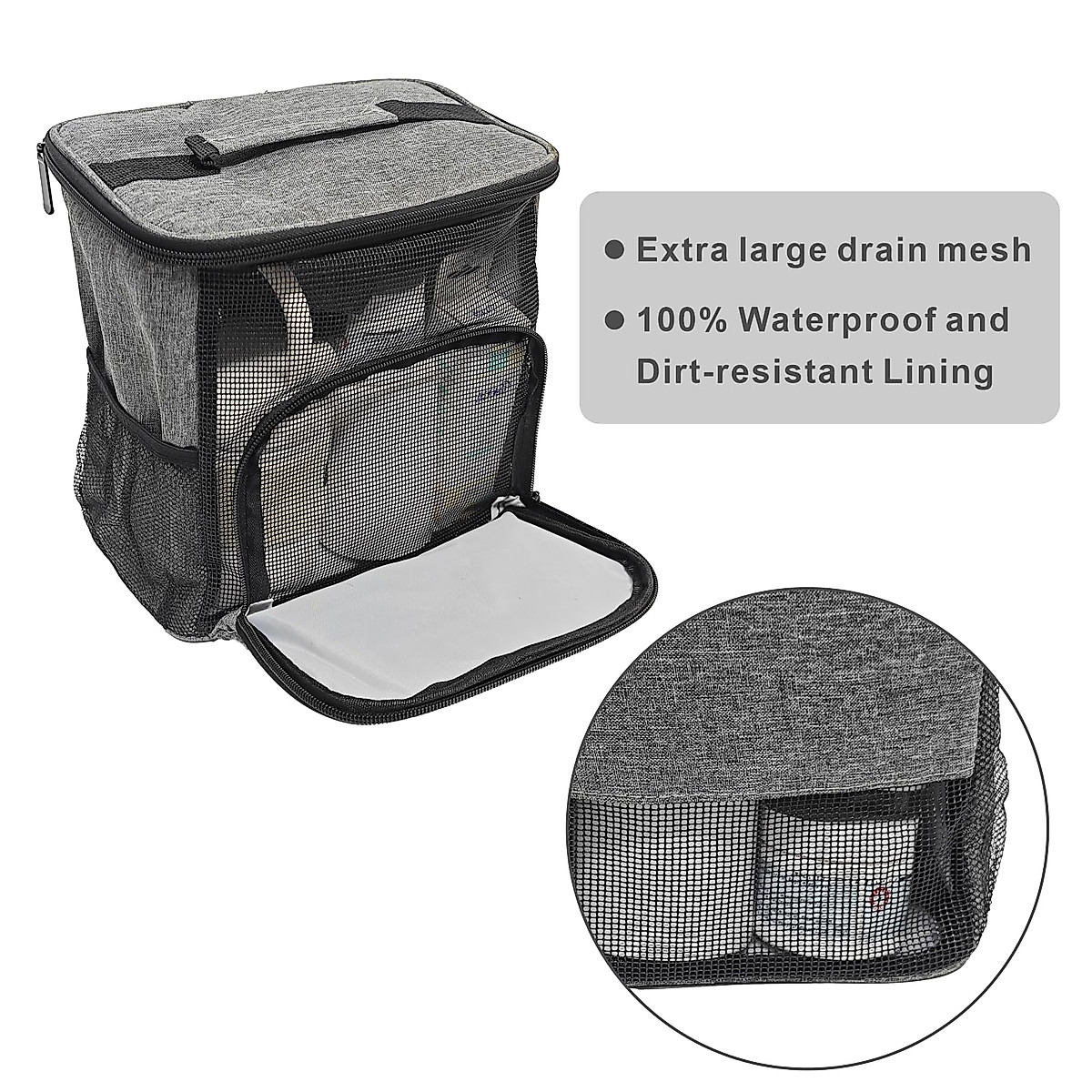 Portable Shower Caddy for Dorm & Gym & Travel - Extra Large Capacity&Drain Mesh, Quick Dry and Water Resistant with Metal Hook - Essential College Dorm for Men & Women（Grey）
