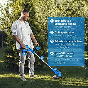 Weed Wacker Battery Powered, 20V Cordless String Trimmer & Edger, 12 Inch Weed Eater with 3 Spools, Edger Lawn Tool with 90 Degree Adjustable Head, with 2 x 2.0Ah Batteries and Fast Charger