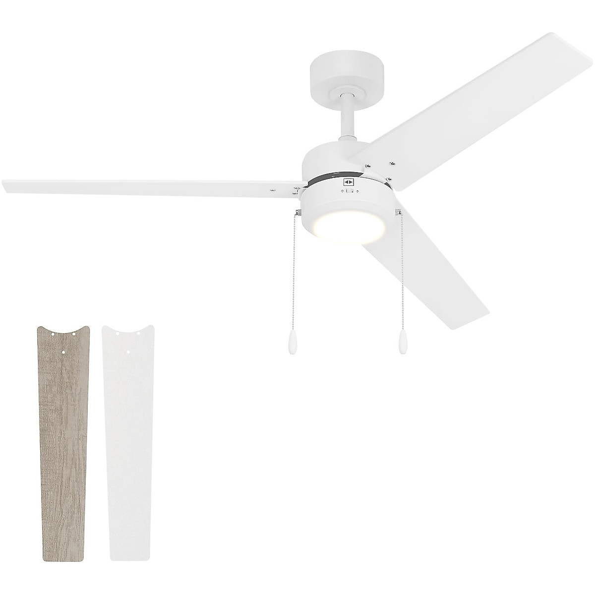 hykolity 52 inch Ceiling Fan with LED Lights(3000K/4000K/5000K), Pull Chain, Noiseless Reversible Motor and Blades, 3 Speed, ETL Listed, for Patio Living Room, Bedroom, Office - White