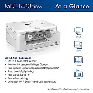 Brother MFC-J4335DW INKvestment Tank All-in-One Color Inkjet Printer, Print Scan Copy Fax, Auto 2-Sided Printing, Wireless Printing, 4800 x 1200 dpi, White - Bundle with JAWFOAL Printer Cable