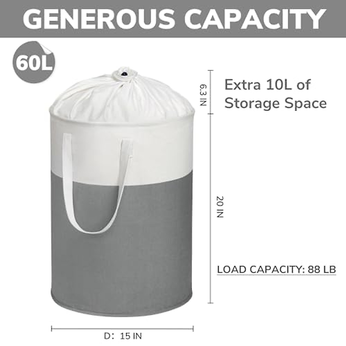 Goodpick 60L Laundry Basket with Lid, Collapsible Laundry Hamper for College Dorm, Foldable Dirty Clothes Basket, Storage Laundry Bin with Handles, 1 Pack, 60L, White & Grey