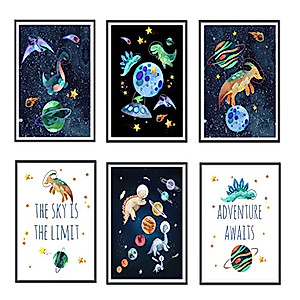 URROA Set of 6 Space Dinosaur Astronauts Printable Wall Art, Digital Download, Space Nursery Decor, Outer Space Prints, Dinos Boy Bedroom Decor