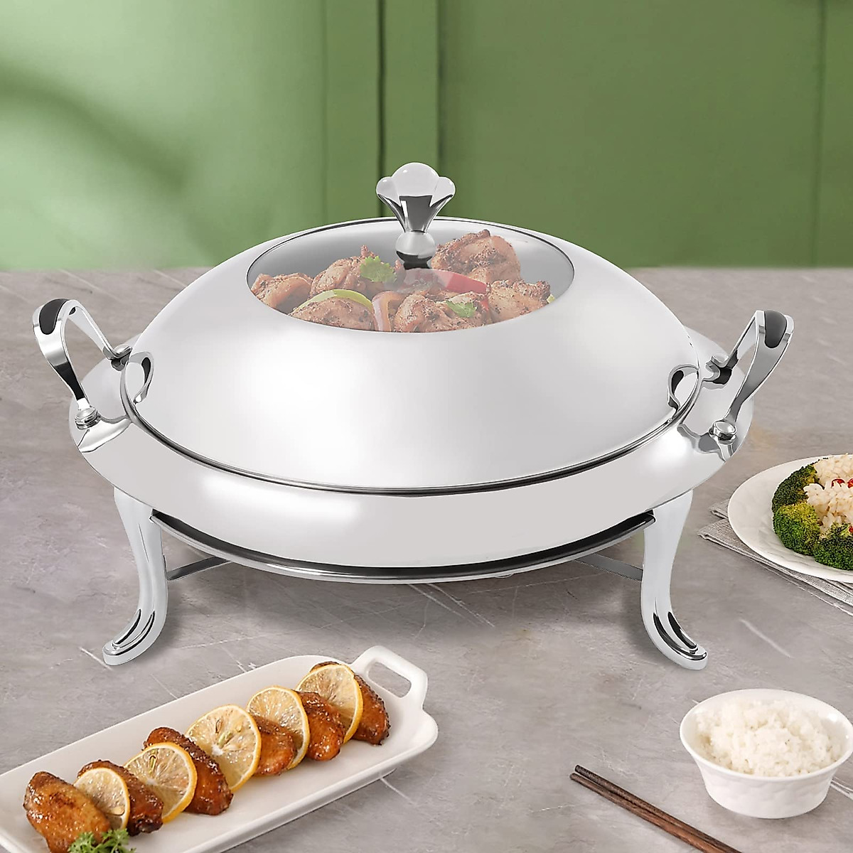 LOYALHEARTDY Round Chafing Dish, 3L/3.17Q Stainless Steel Chafing Dish Buffet Set with Lid & Chafing Fuel Holder Catering Food Warmer Food Warming Tray for Parties, Dinners and Catering