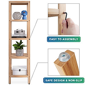 SMIBUY Bathroom Storage Shelf, 5-Tier Bamboo Rack Organizer, Multifunctional Shelving Unit for Living Room Bedroom Kitchen (Natural)