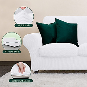 CHUN YI 3 Pieces Stretch Loveseat Sofa Cover for 2 Seater Couch, Washable Soft Sofa Slipcover with 2 Separate Seat Cushion Covers for Dogs, Checks Spandex Jacquard Fabric, Medium, White