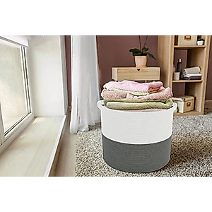 Round Cotton Laundry Rope Basket Natural Pure Woven Perfect for Blankets, Pillows, Toys and Any Other Storage in the Living or Any Other Room Grey/White (XXXL - 22" X 14")