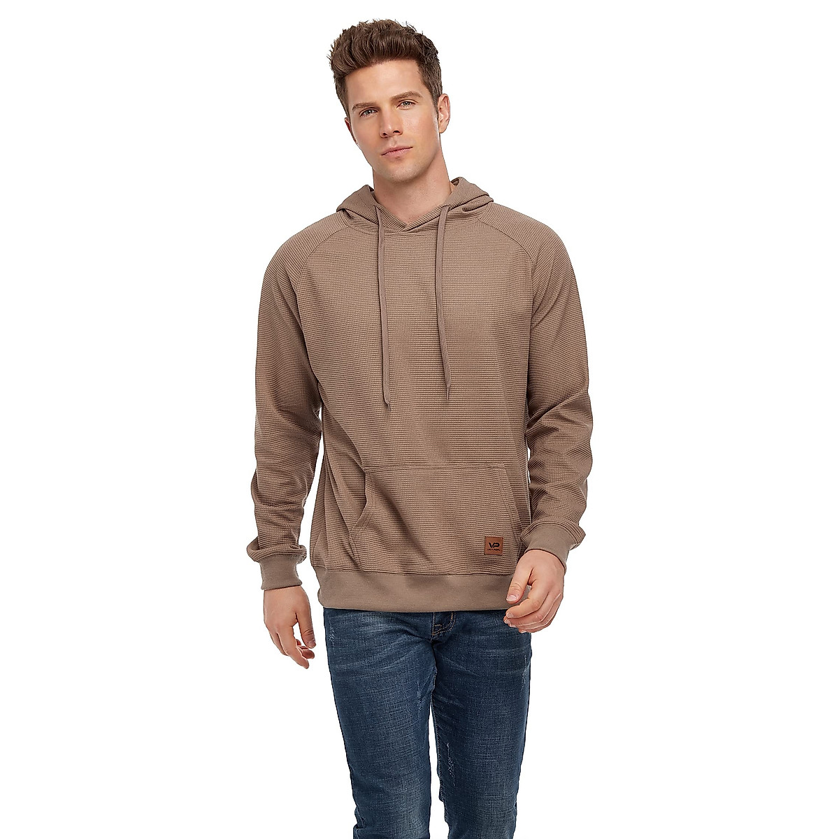 VICT POPU Hoodies For Men Pullover Long Sleeve hooded Plaid Jacquard With Big Pockets Solid Color Sweatshirt Dark Khaki 3XL