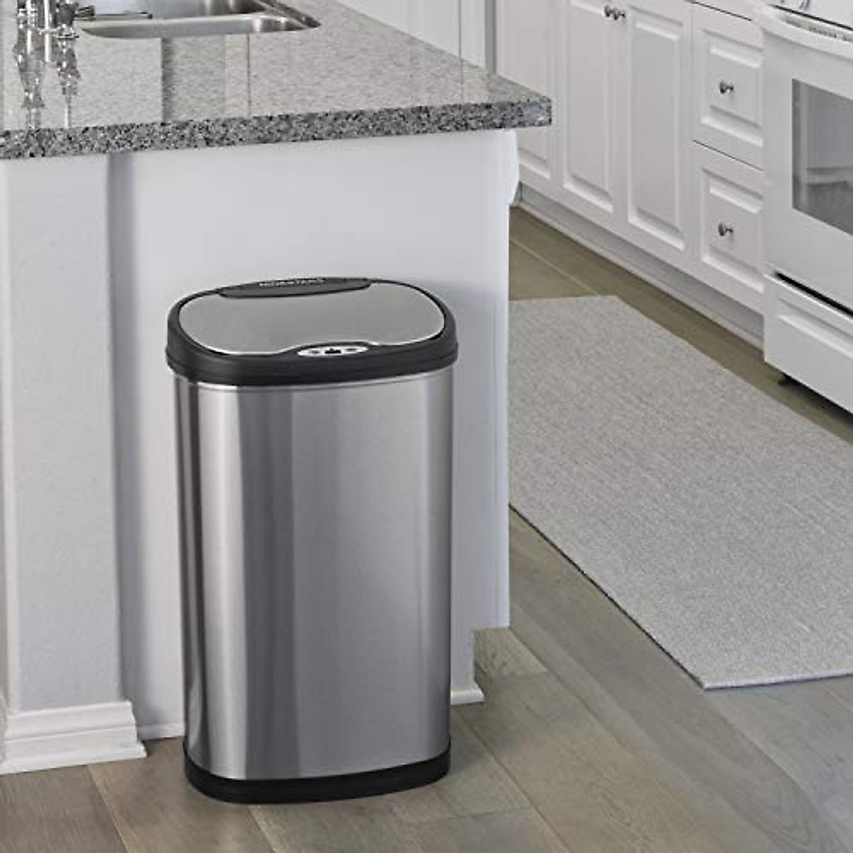 NINESTARS CB-DZT-50-13/12-9 Automatic Touchless Infrared Motion Sensor Trash Can Combo Set, 13 Gal 50L & 3 Gal 12L, Stainless Steel Base (Oval, Silver/Black Lid)