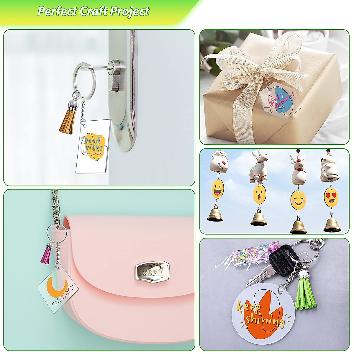 200Pcs Blank Keychains for Vinyl, Acrylic Keychain Blanks Bulk with 5 Shapes Clear Acrylic Disc Leather Tassel Charms Key Chains Jump Ring for DIY Craft Ornament Engrave Painting