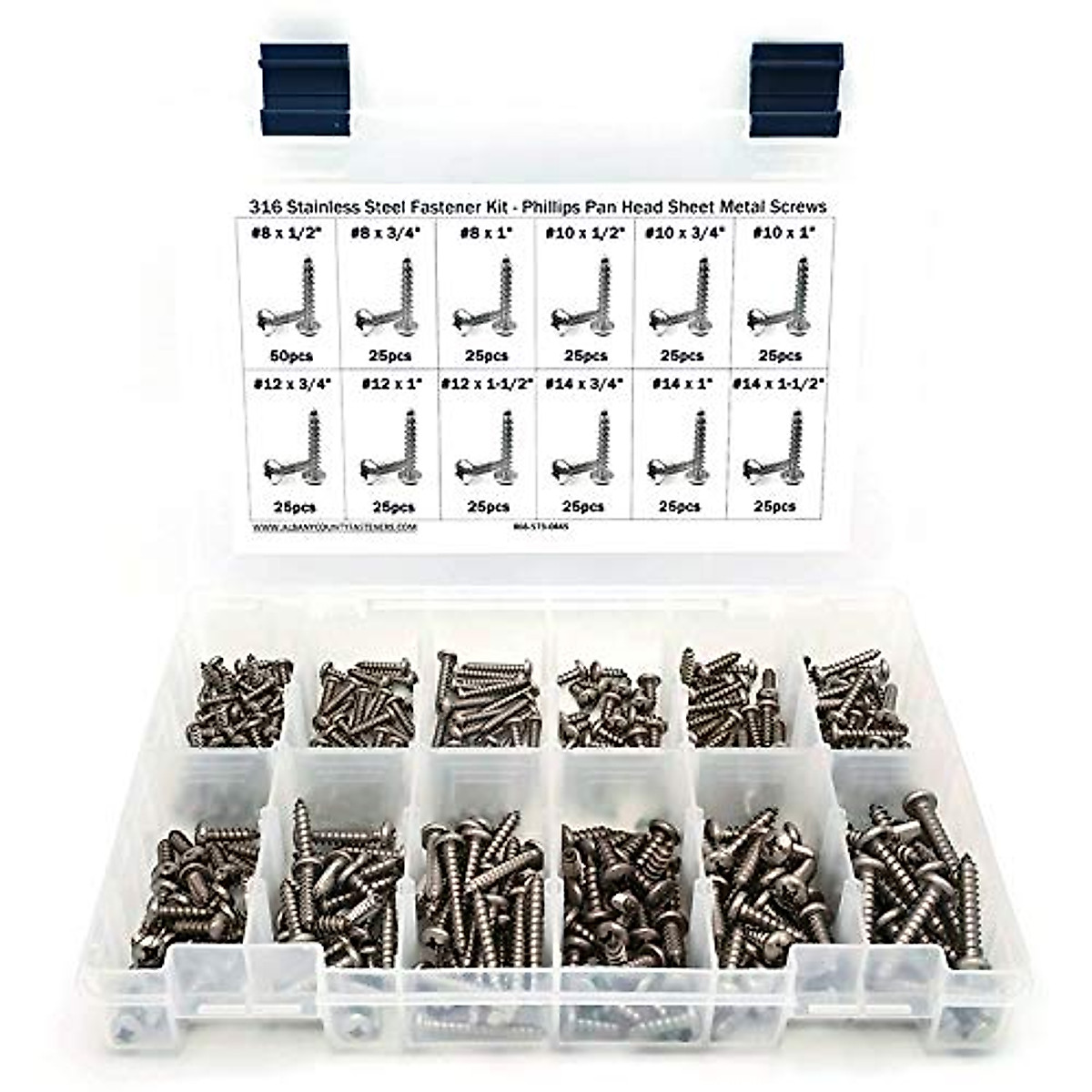 316 Stainless Steel Phillips Pan Head Sheet Metal Screw Assortment Kit Sizes #8 Through #14-326 Pieces