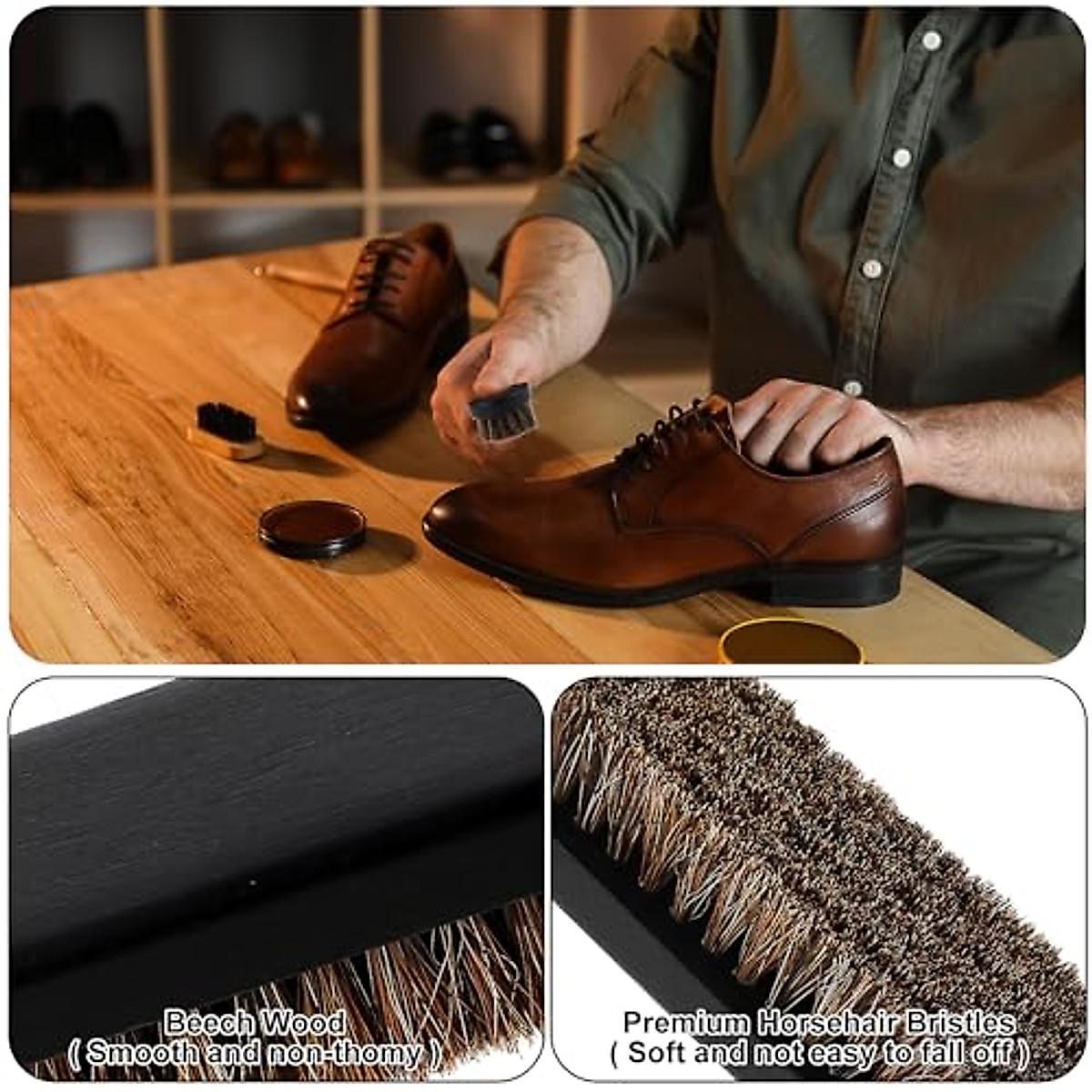 Amabro Shoes Cleaning Brushes, 2 PCS Leather Shoe Boot Brush Horse Hair Polish Brush Hair Leather Boot Care Kit for Leather Bags Leather Clothes Sofas Suede Sneakers Shoes
