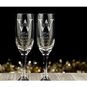 Personalized Wedding Champagne Flutes -Split Font -Set of 2 glasses for toasting/bride and groom gifts -Wedding Registry By Brides Name, Wedding Gift