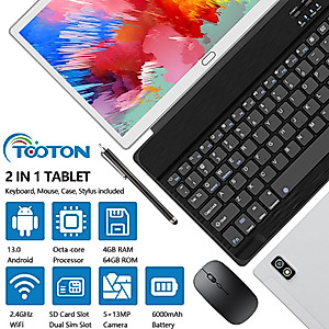 10 Inch Tablet Android 13 Tablets, 2 in 1 Tablet PC with 4+64/128GB Storage Octa-Core, Dual Sim Card Slots Tablet with Keyboard, 13MP Camera, 6000mAh Battery, GPS, Bluetooth, WiFi, Case Included