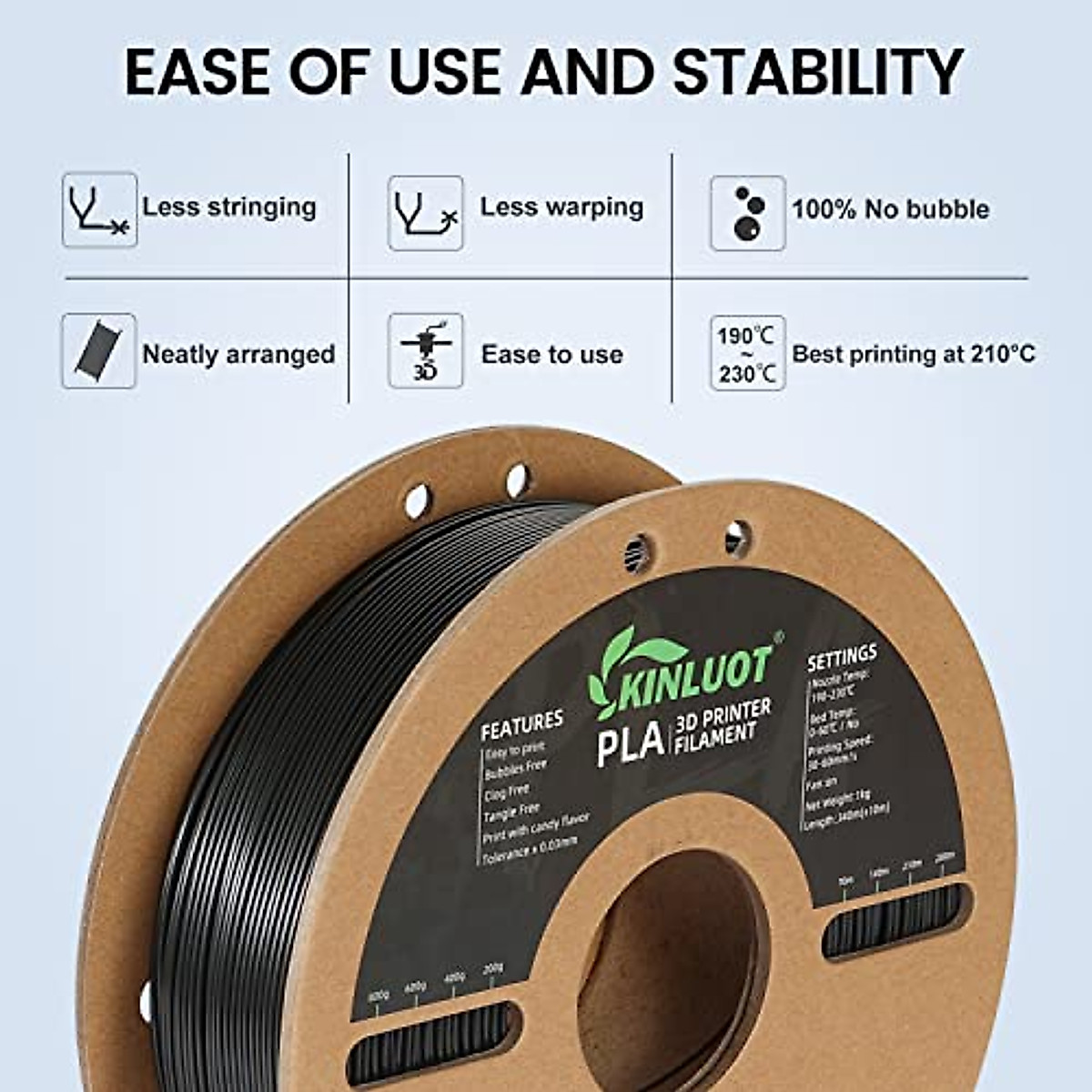 KINLUOT PLA 3D Printer Filament 1.75mm, Black PLA Filament 1KG Spool(2.2lbs), Neatly Wound Cardboard Vacuum Packaged - Fit Most FDM 3D Printers