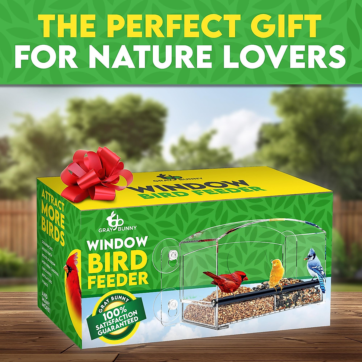 Gray Bunny Window Bird Feeder with Strong Suction Cups, Modern Window Bird Feeders for Outdoors Viewing, Clear Transparent Squirrel Proof Birdfeeder, Drain Holes, Removable Tray, Large Seed Capacity